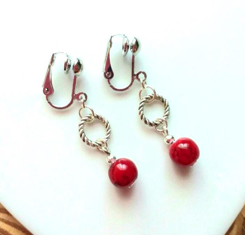 Red Glass Bead Dangle Clip on Earrings - Etsy UK