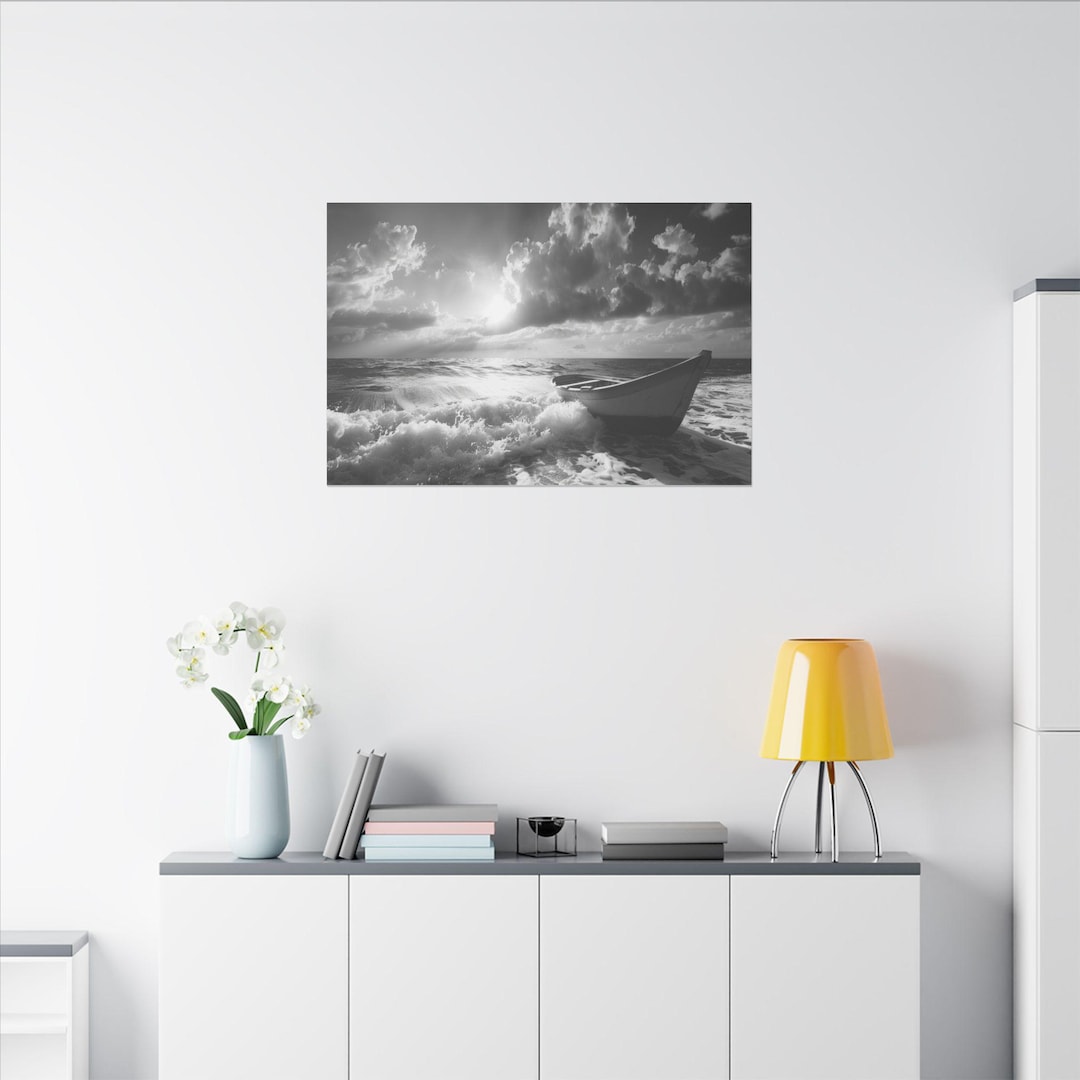 Vintage Row Boat on Ocean Shore Canvas Art - Inspirational Black and ...