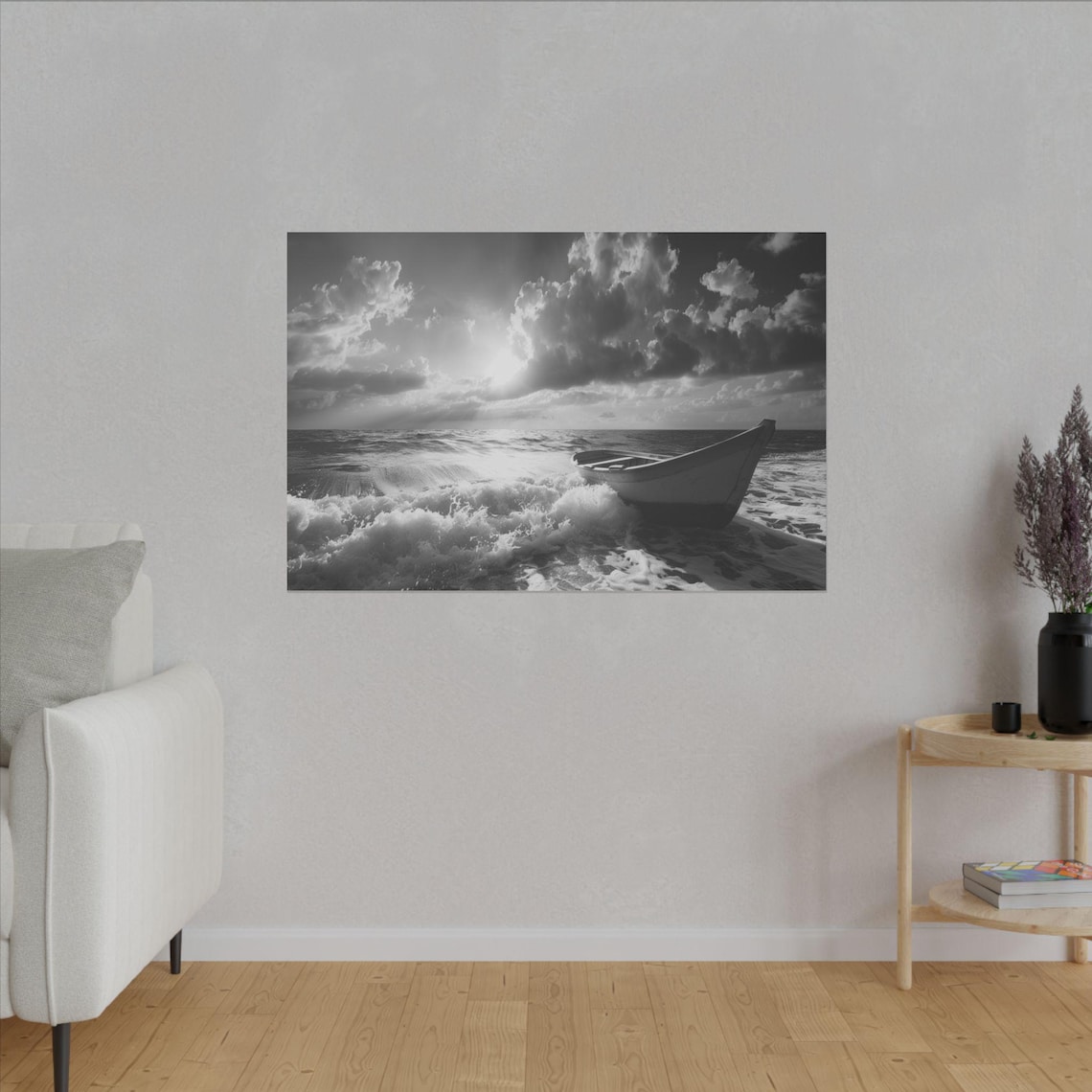 Vintage Row Boat on Ocean Shore Canvas Art - Inspirational Black and ...