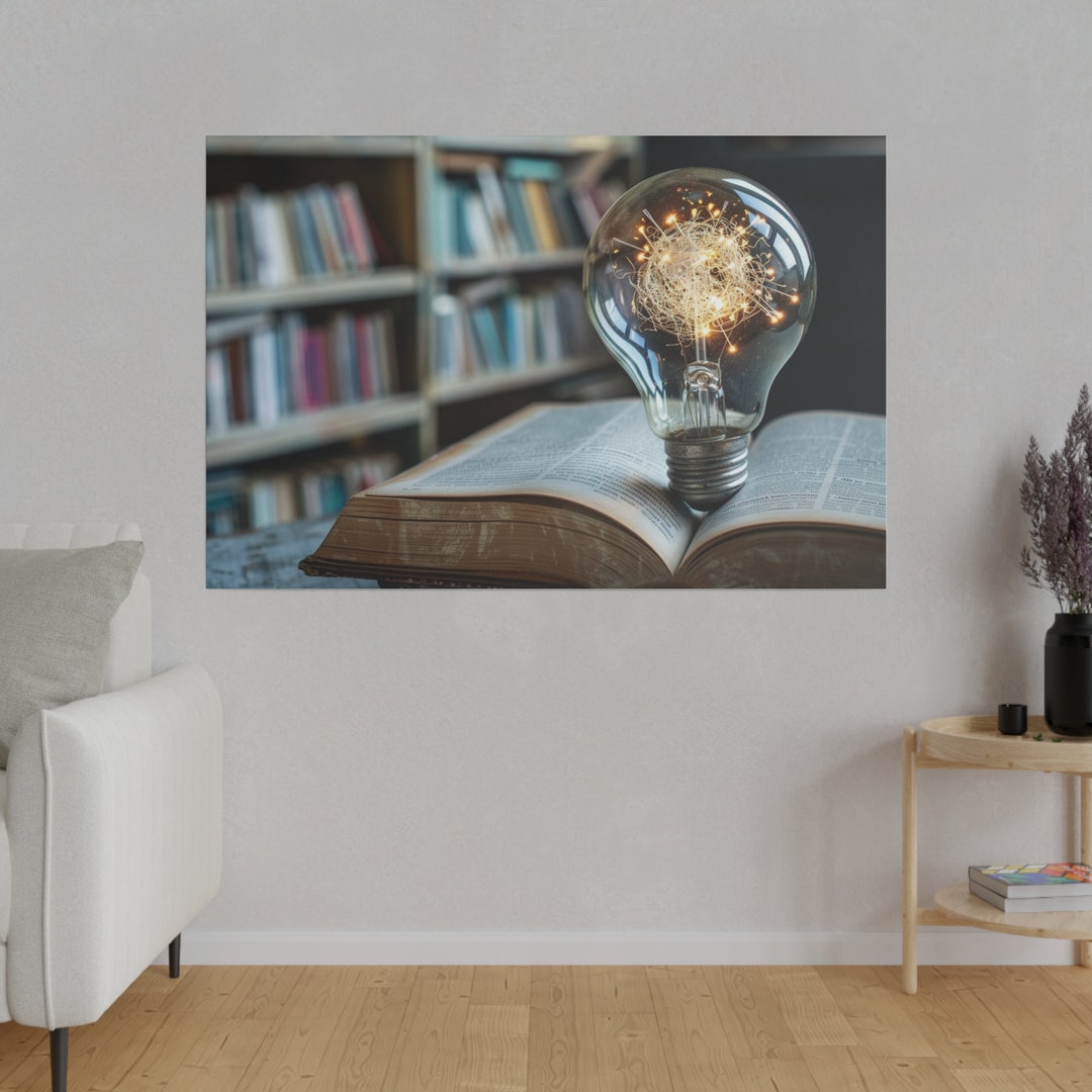 Inspirational Lightbulb on Book Canvas Art - Symbol of Ideas and ...