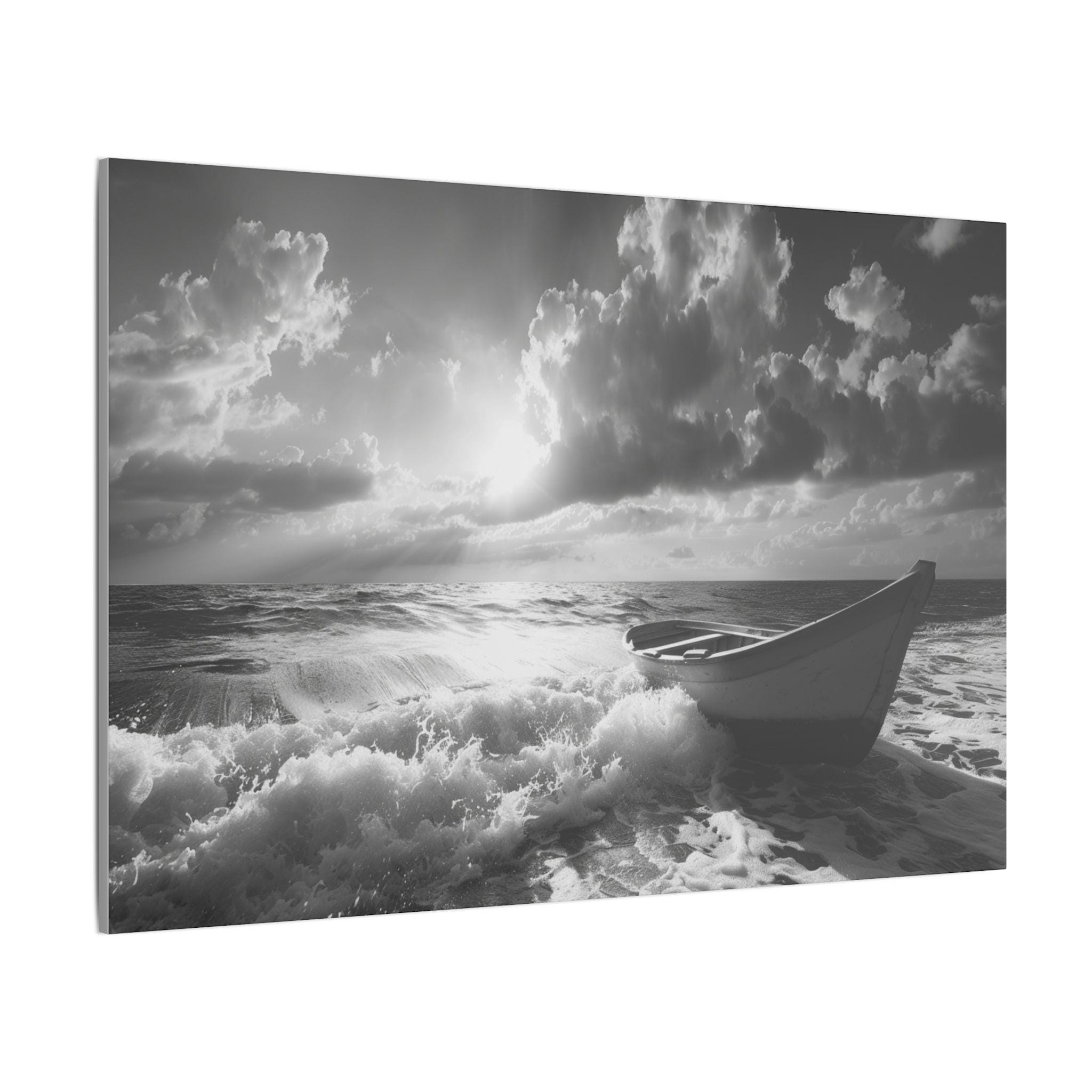 Vintage Row Boat on Ocean Shore Canvas Art - Inspirational Black and ...