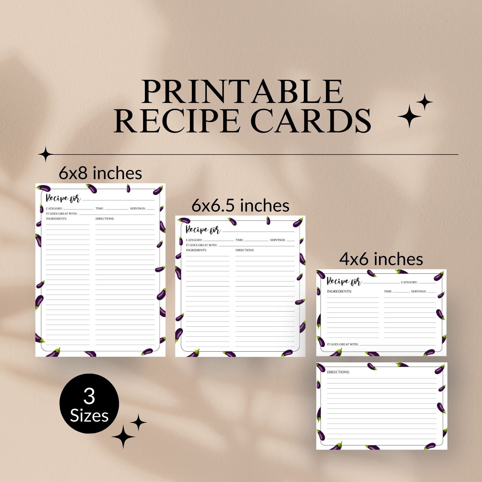Printable Recipe Cards , Eggplant Recipe Cards , Recipe Cards , Modern ...