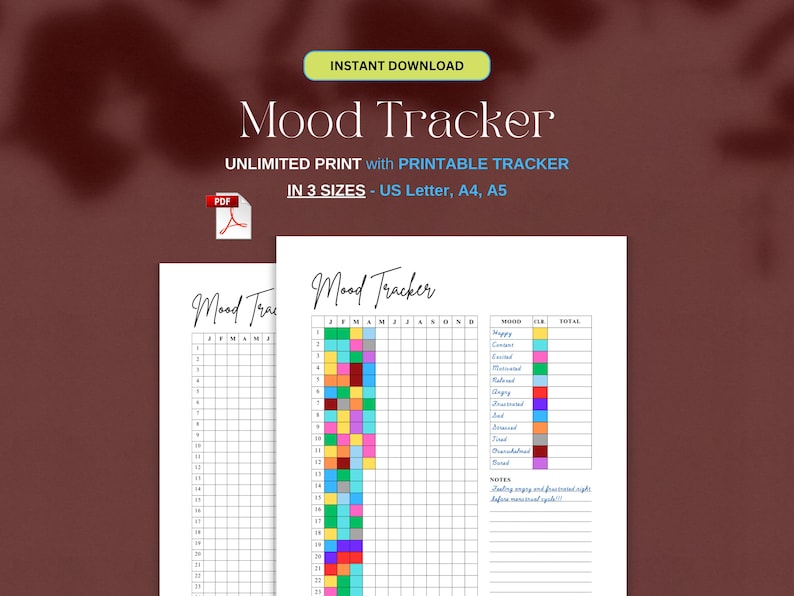 Yearly Mood Tracker, Printable Journal Tracker, Mood Planner, Yearly ...