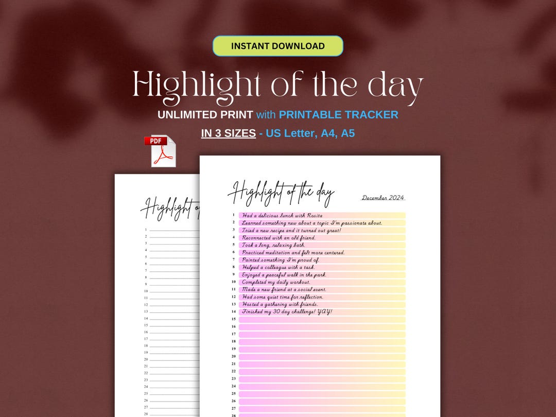 Highlight of the Day, Printable Journal Tracker, Monthly Highlight ...