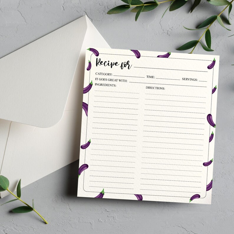 Printable Recipe Cards , Eggplant Recipe Cards , Recipe Cards , Modern ...