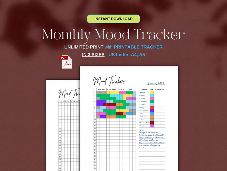Monthly Mood Tracker, Printable Journal Tracker, Mood Planner, Yearly ...