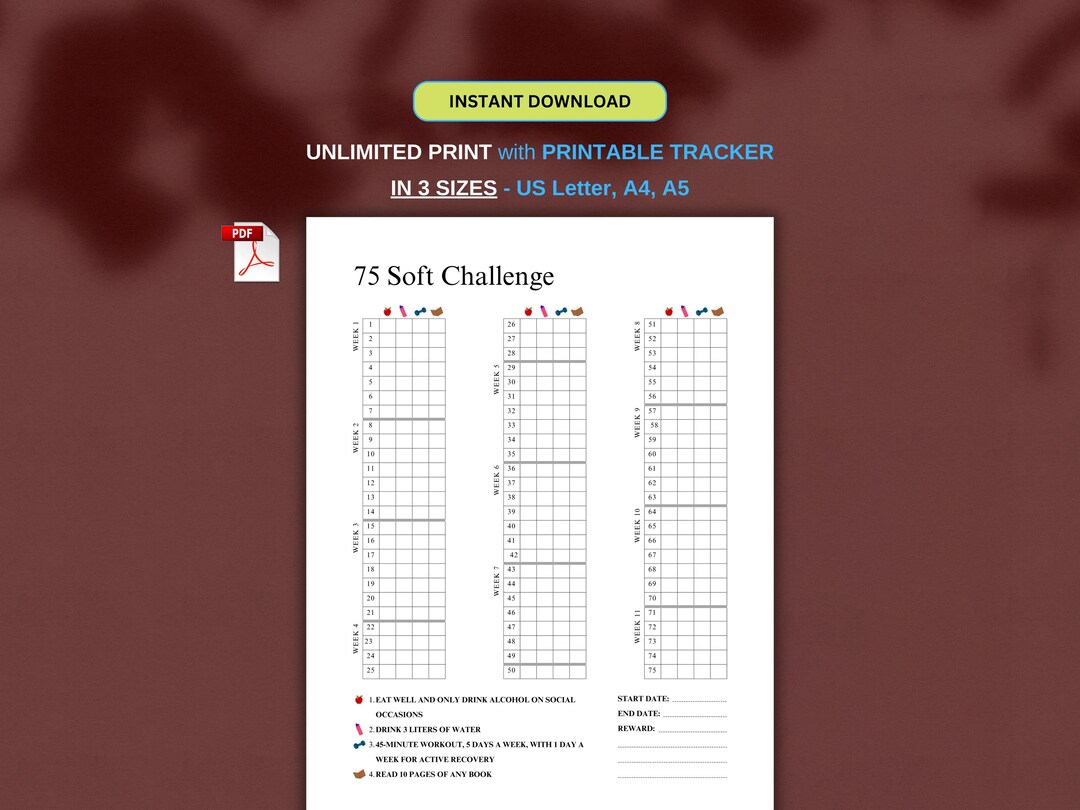 75 SOFT Challenge Printable, 75 Soft Tracker, Daily Habit Tracker, 75 ...