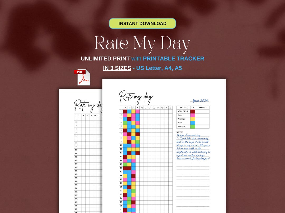Rate My Day Tracker, Daily Rating PRINTABLE, Yearly Goal Tracker ...