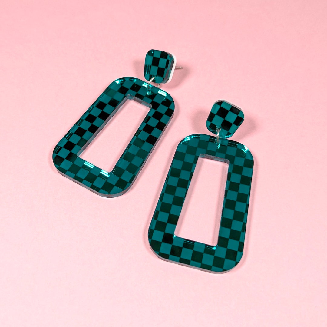 Teal Checker Earring - Retro Mirrored Dangle Earrings Hypoallergenic - Etsy