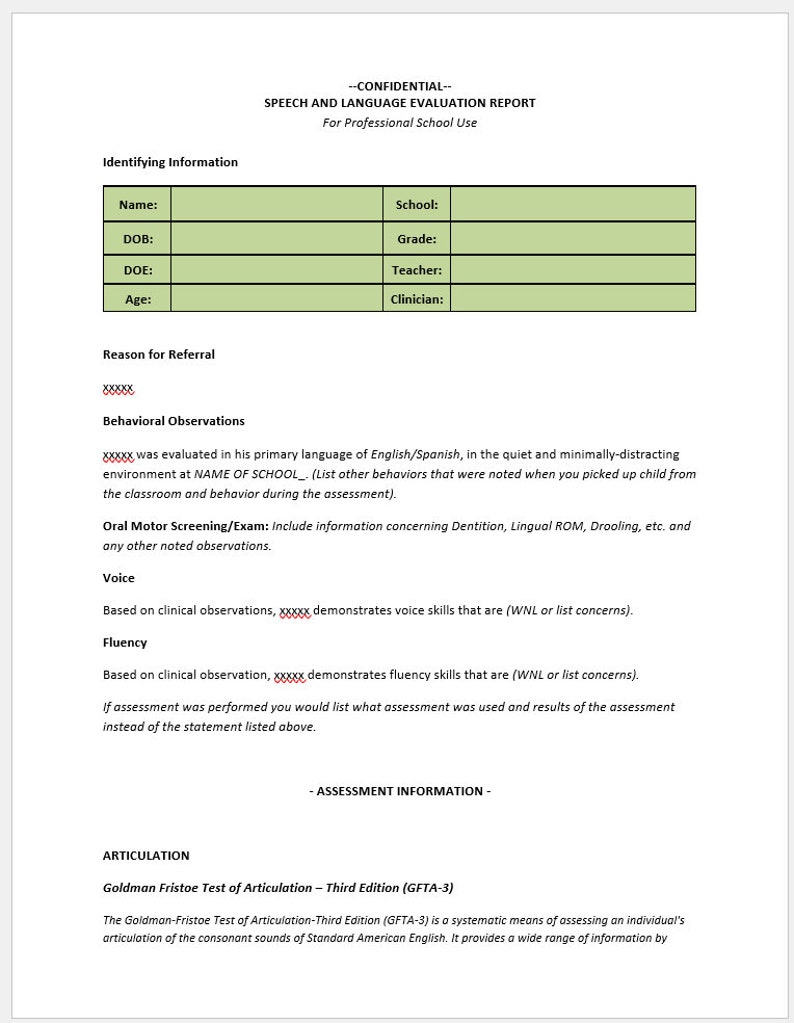 SLP Reporting Template, Speech Reporting, GFTA, OWLS, Evaluation ...