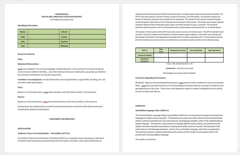 SLP Reporting Template, Speech Reporting, GFTA, OWLS, Evaluation ...