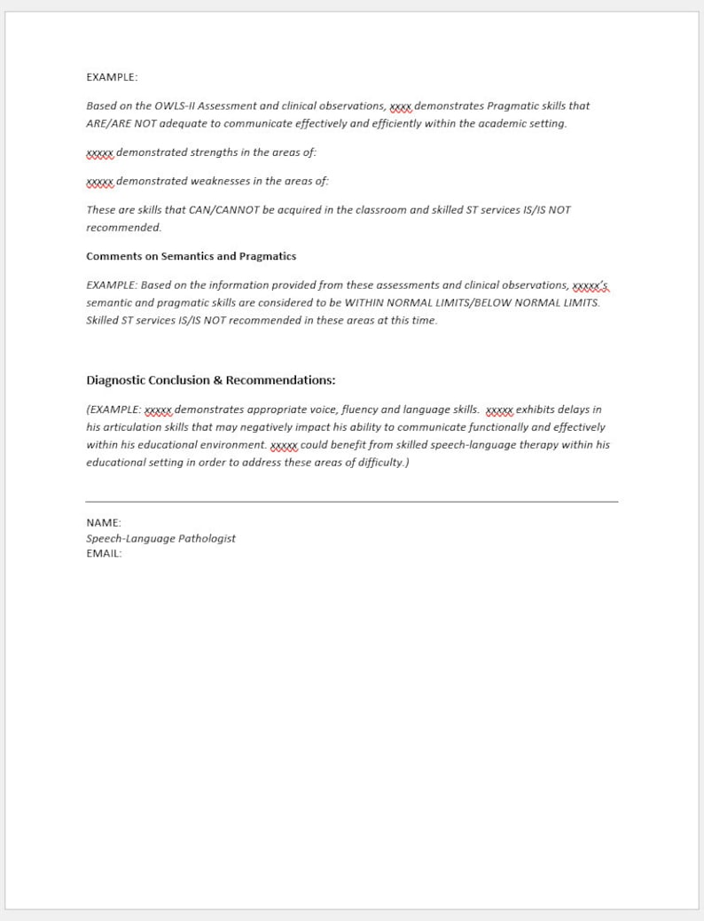 SLP Reporting Template, Speech Reporting, GFTA, OWLS, Evaluation ...