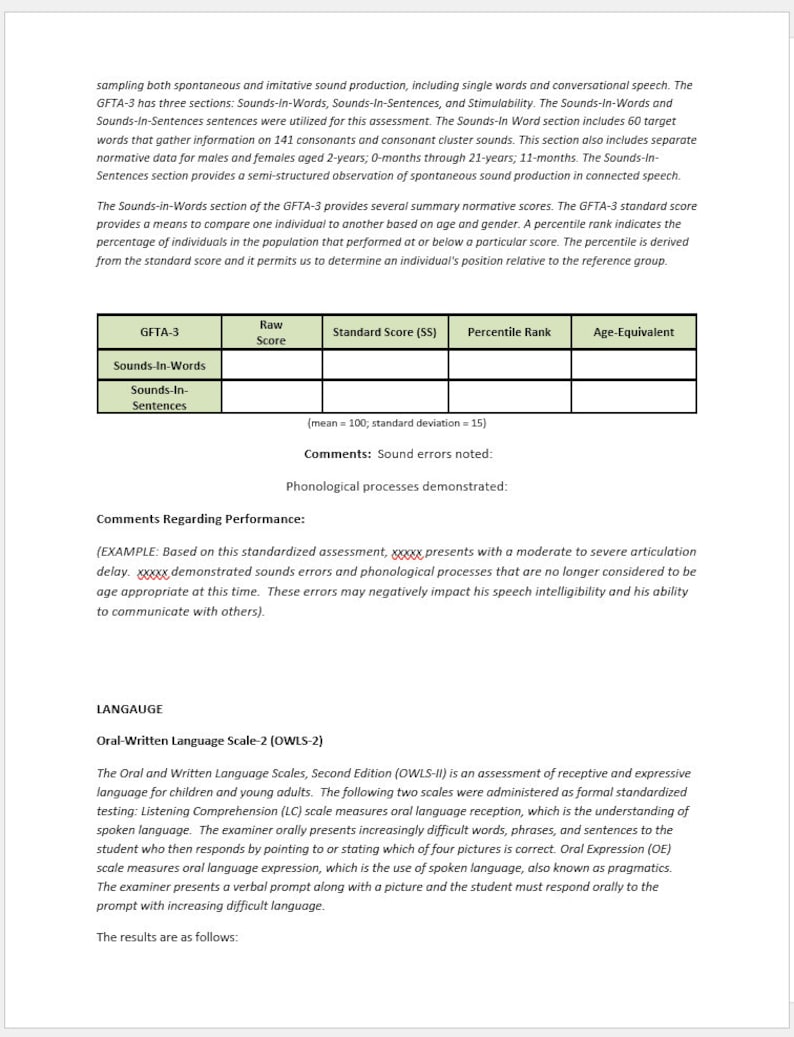 SLP Reporting Template, Speech Reporting, GFTA, OWLS, Evaluation ...