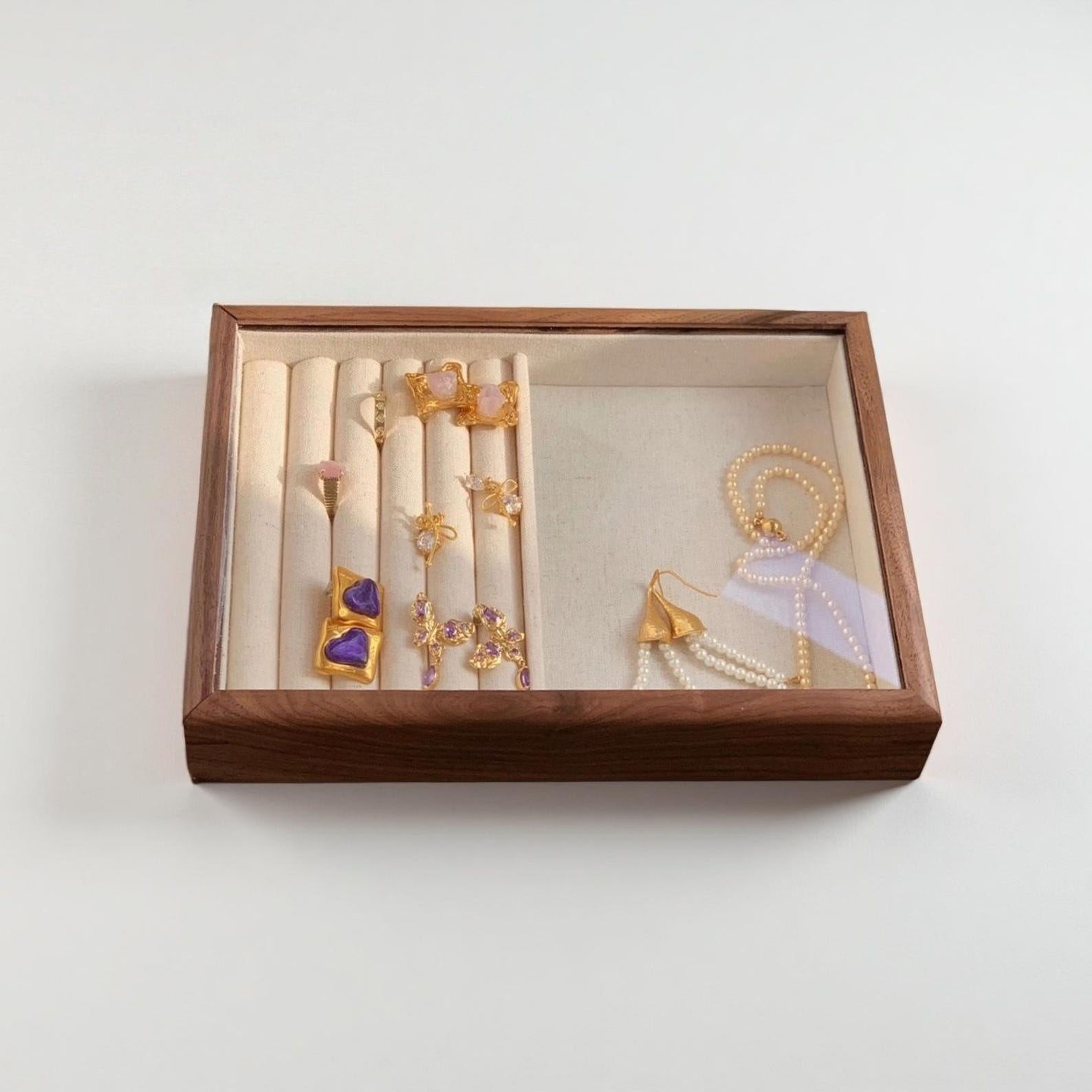 Jewelry Box - Stackable - Walnut & Linen Fabric Ring Holder Gift for ...