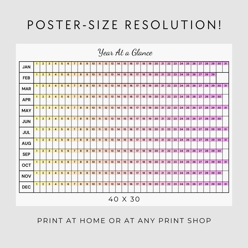Printable Year Planner Yearly Planning Calendar Poster Size Reusable ...