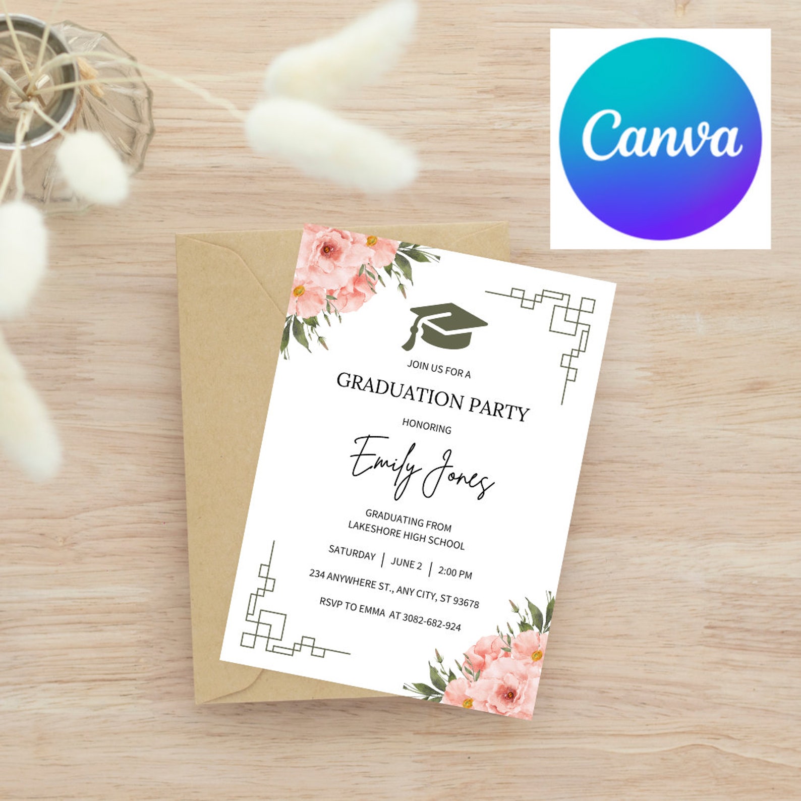 Graduation Party Invitation Template Editable, Pink Floral Graduation ...