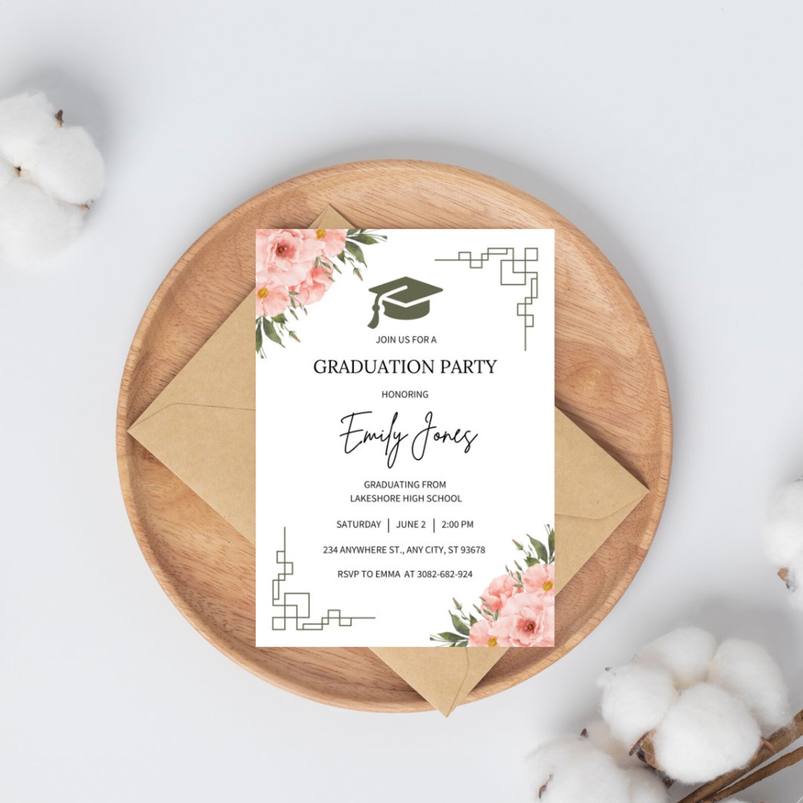 Graduation Party Invitation Template Editable, Pink Floral Graduation ...