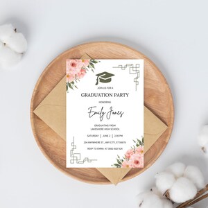 Graduation Party Invitation Template Editable, Pink Floral Graduation ...