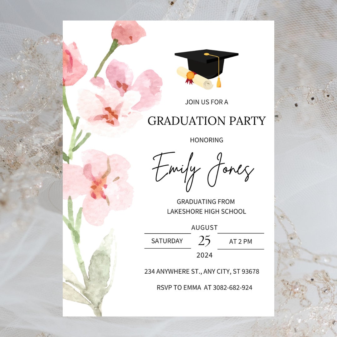 Graduation Party Invitation Template Editable, Pink Floral Graduation ...