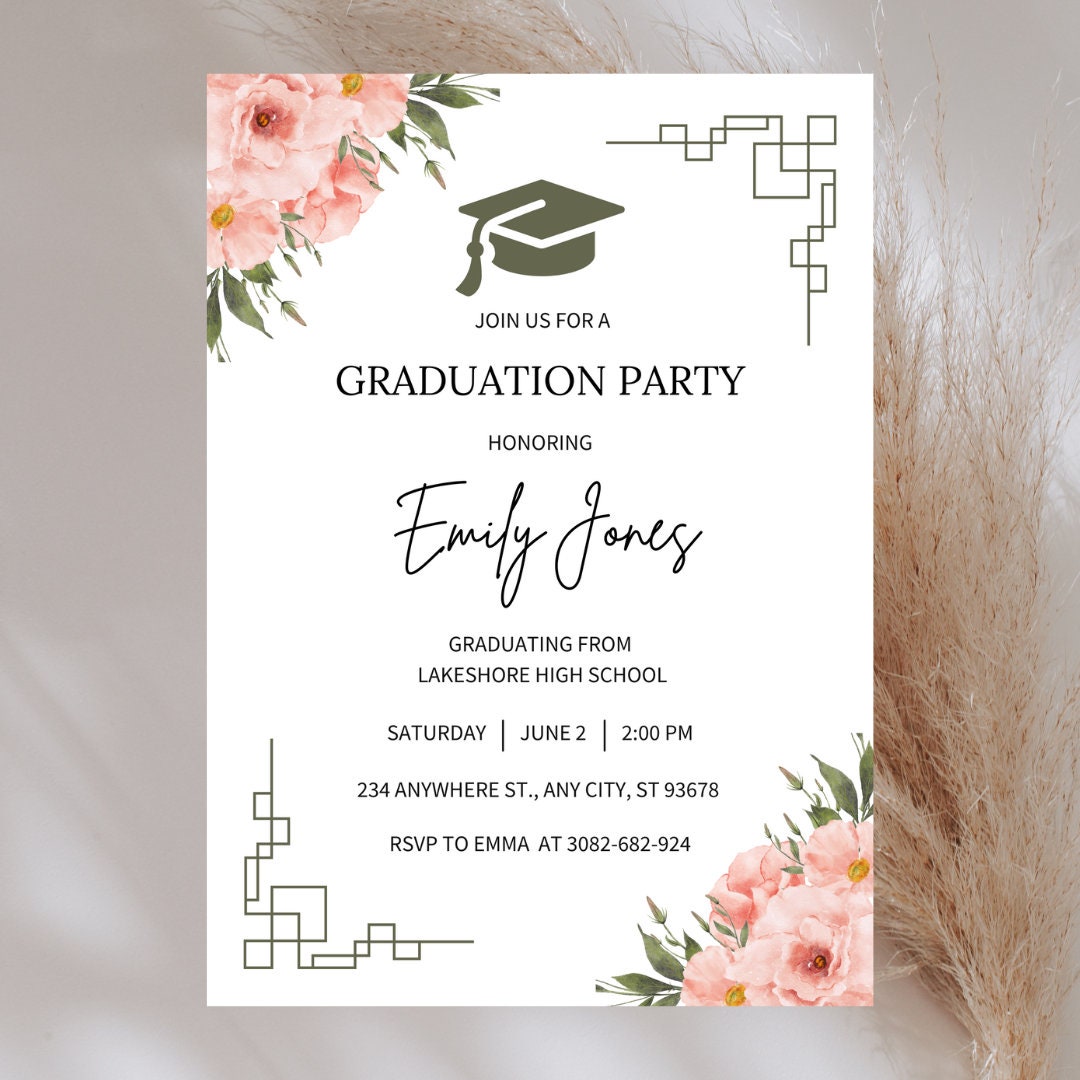 Graduation Party Invitation Template Editable, Pink Floral Graduation ...