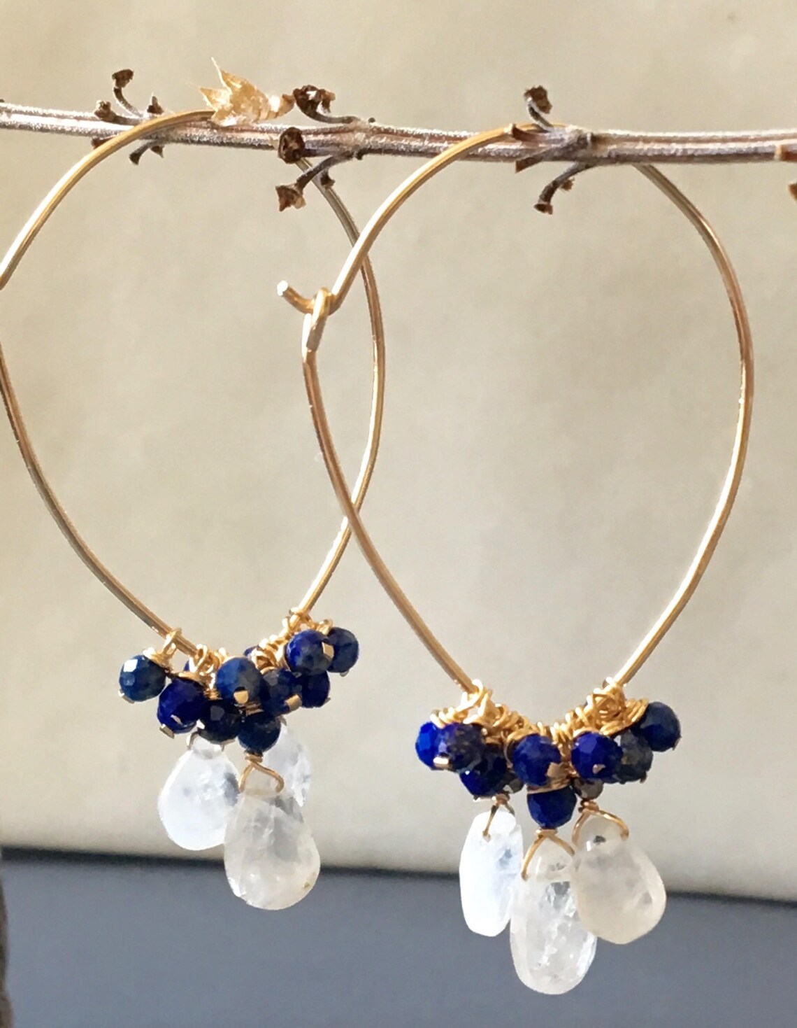 Gemstone Hoops, Gold-filled Hoops, Moonstone and Lapis-lazuli Earrings ...