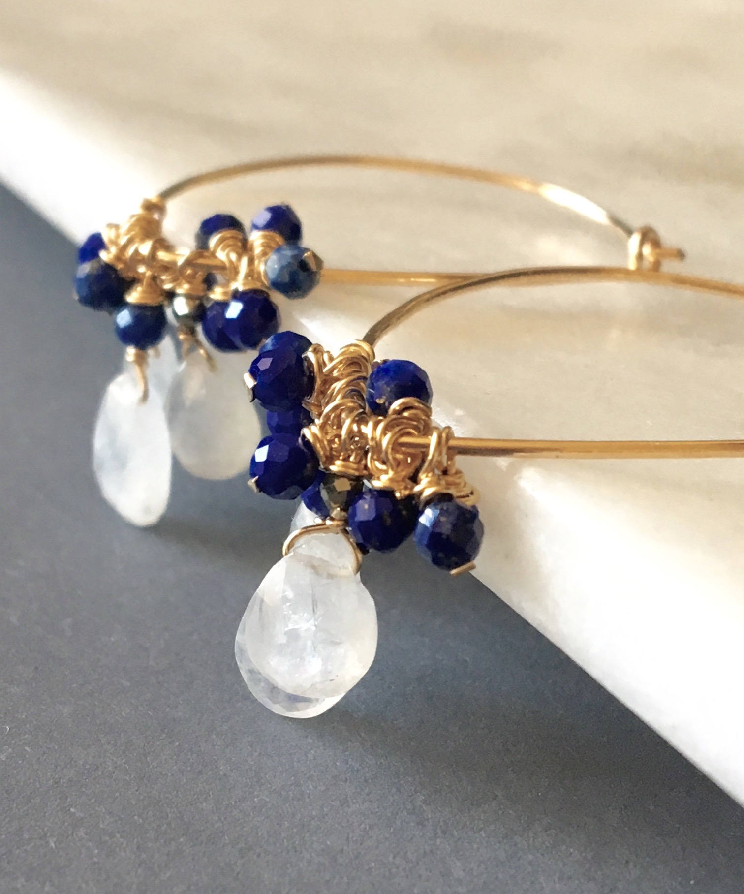 Gemstone Hoops, Gold-filled Hoops, Moonstone and Lapis-lazuli Earrings ...