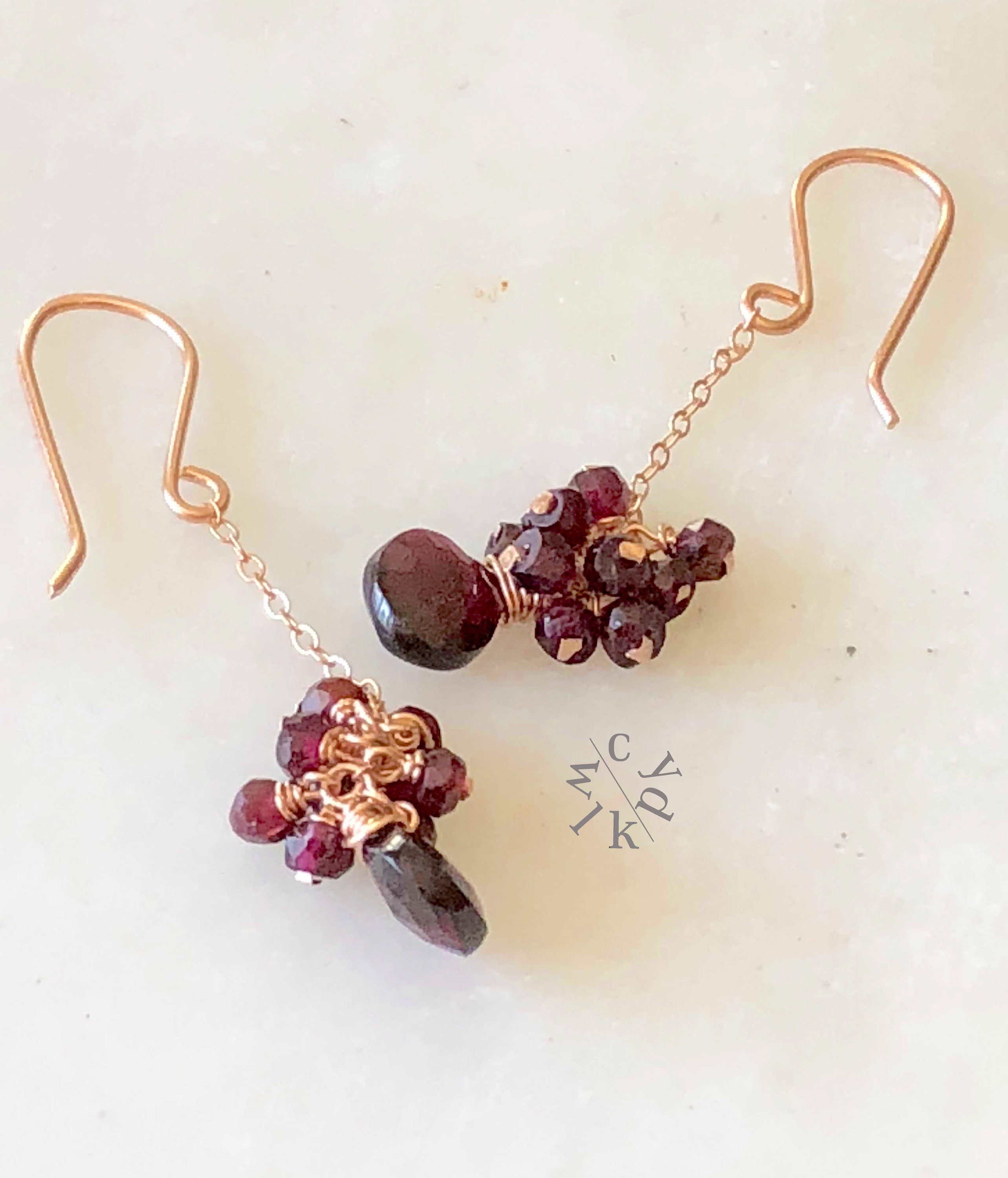 Garnet Cluster Earrings, Rosegold-filled and Garnet Earrings, Cluster ...
