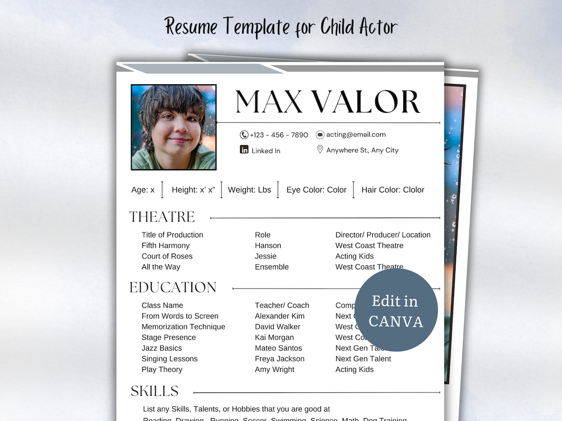 Child Actor Resume Template Editable Canva CV Professional Digital ...