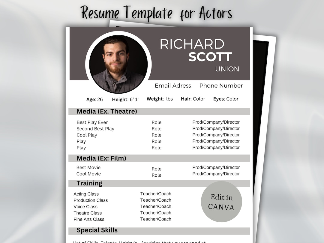 Actors Resume Template Auditions Editable in Canva CV Professional ...
