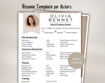 Actors Resume Template for Auditions Editable in Canva CV Professional ...