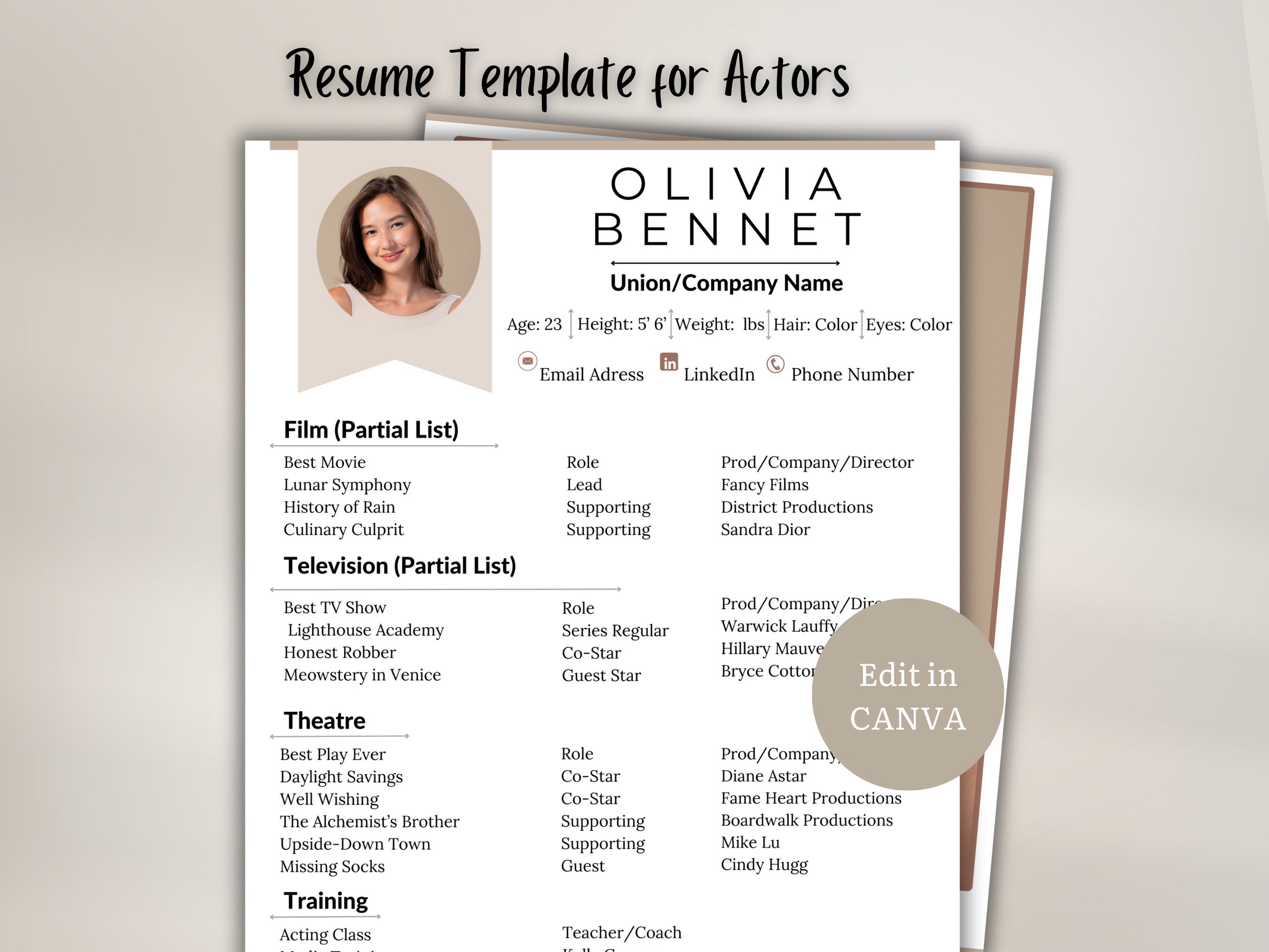 Professional Actors Resume Template for Audition Editable in Canva CV ...