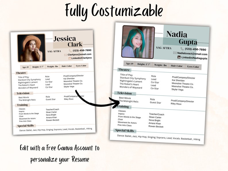 Professional Actors Resume Template Auditions Editable in Canva CV ...