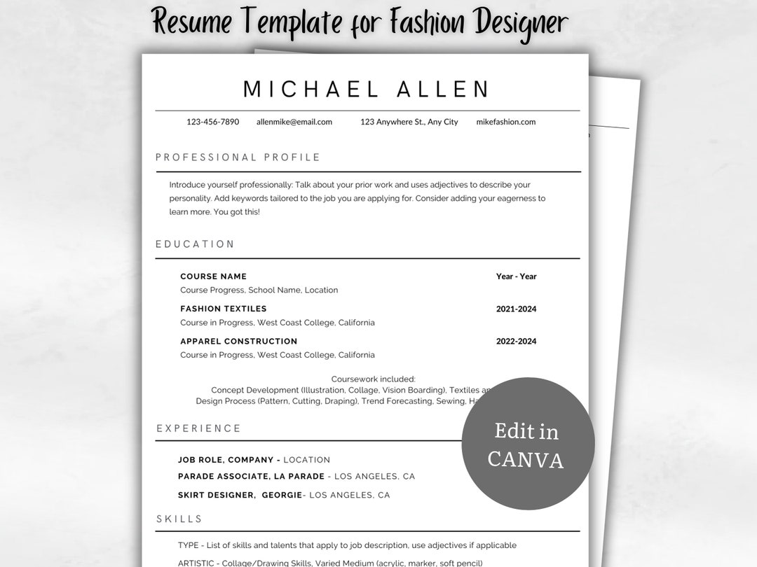Fashion Designer Resume Template Student Editable Canva CV Professional Digital Fashion Resume ...