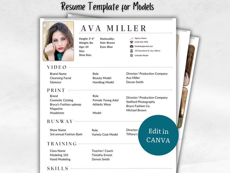 Modeling Resume Template Talent Agency Editable in Canva CV ...