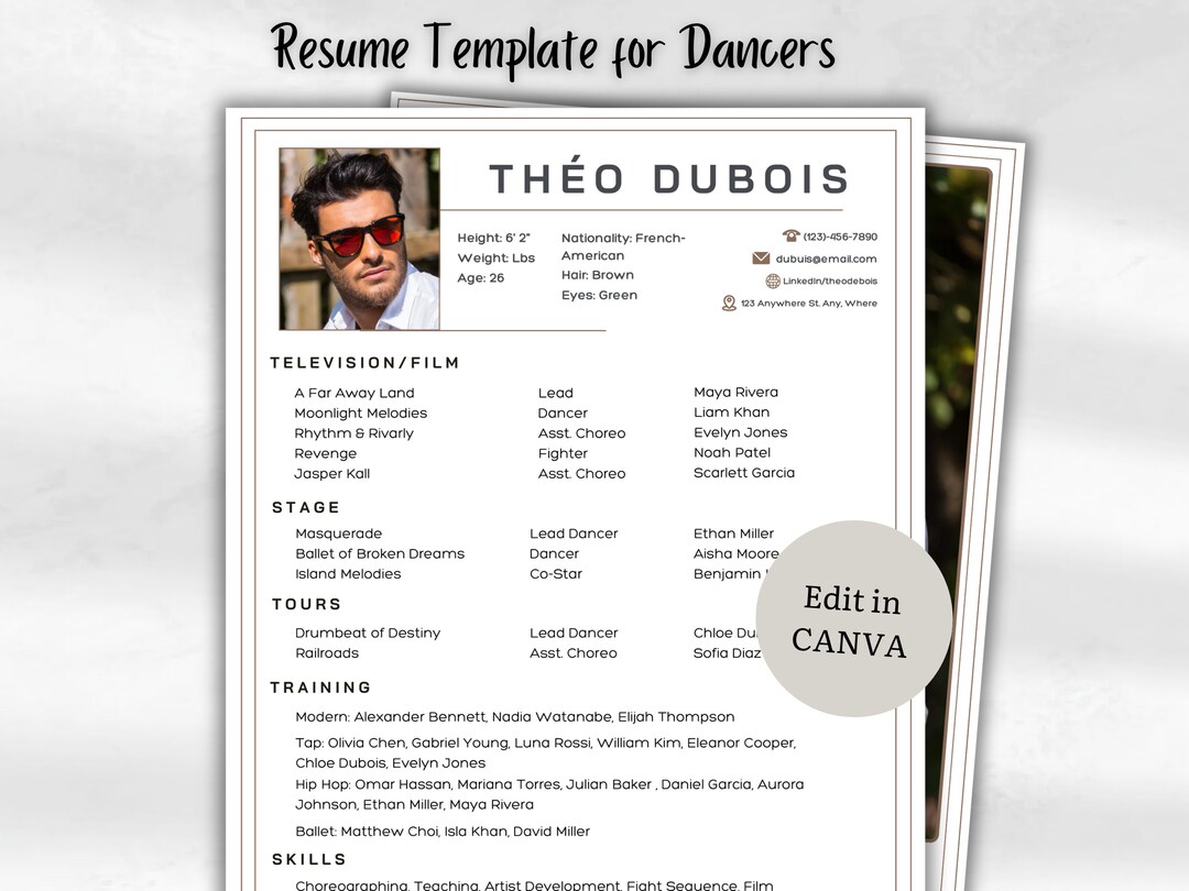 Dancers Resume Template for Auditions Editable in Canva CV Professional ...