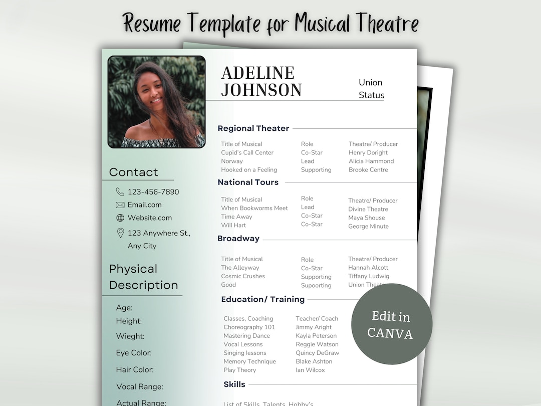 Musical Theatre Resume for Auditions Editable in Canva CV Professional ...