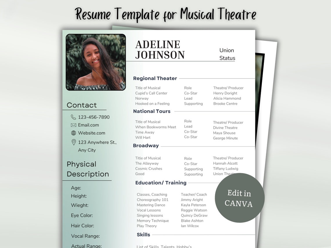 Musical Theatre Resume for Auditions Editable in Canva CV Professional ...