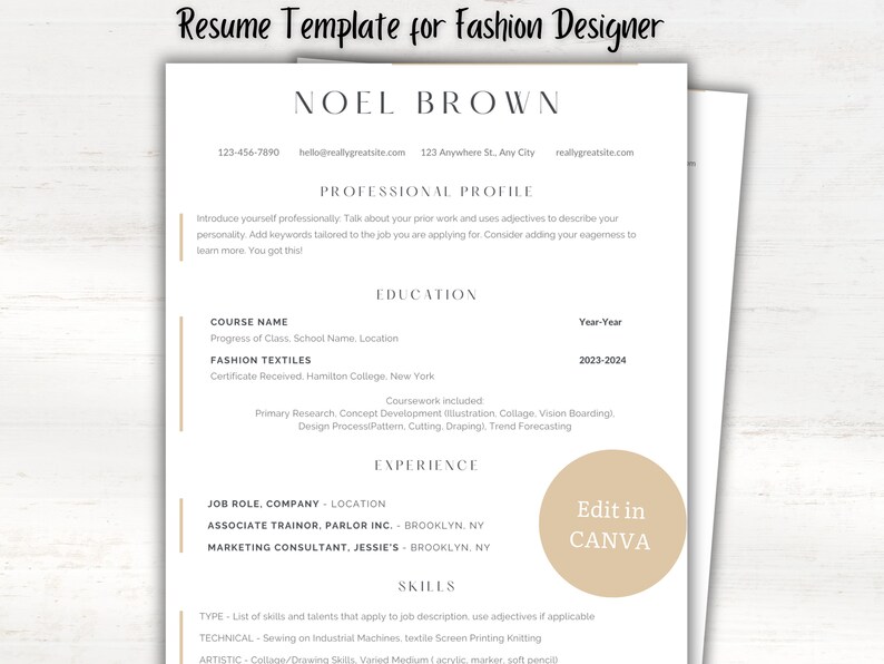 Fashion Designer Resume Template Freshers Student Editable Canva CV ...