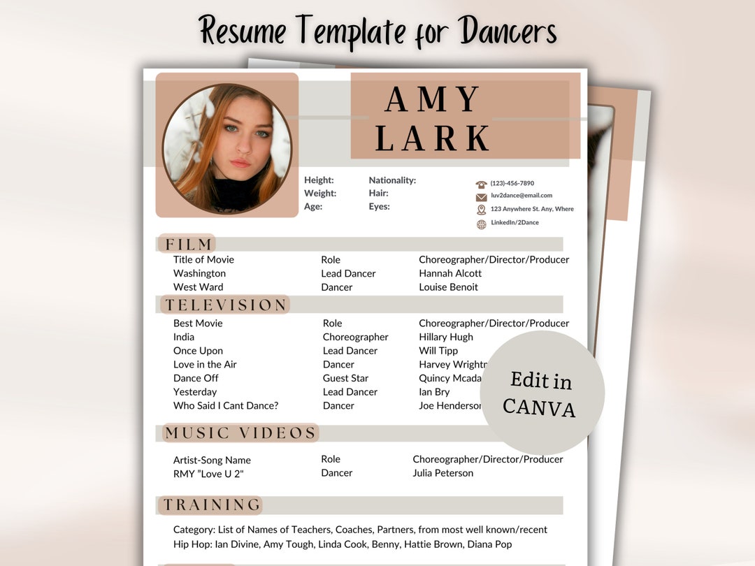 Dancer Resume Template for Auditions Editable in Canva CV Professional ...