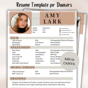 Dancer Resume Template for Auditions Editable in Canva CV Professional Digital Dancer Resume ...