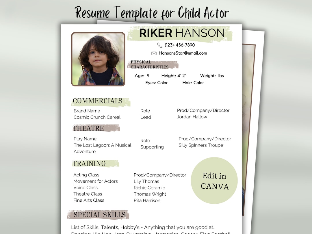 Child Actor Resume for Talent Agency Editable in Canva CV Professional ...