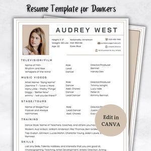 Dancers Resume Template for Auditions Editable in Canva CV Professional ...