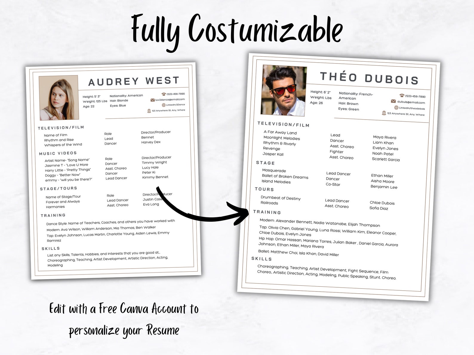 Dancers Resume Template for Auditions Editable in Canva CV Professional ...