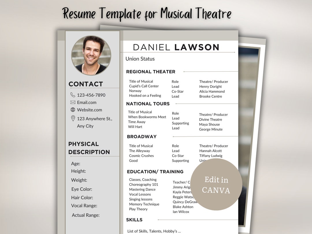 Musical Theatre Resume Talent Agency Editable in Canva CV Professional ...