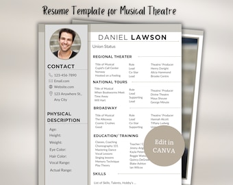 Musical Theatre Resume for Auditions Editable in Canva CV Professional ...