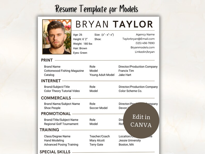 Modeling Resume Template for Auditions Editable in Canva CV ...