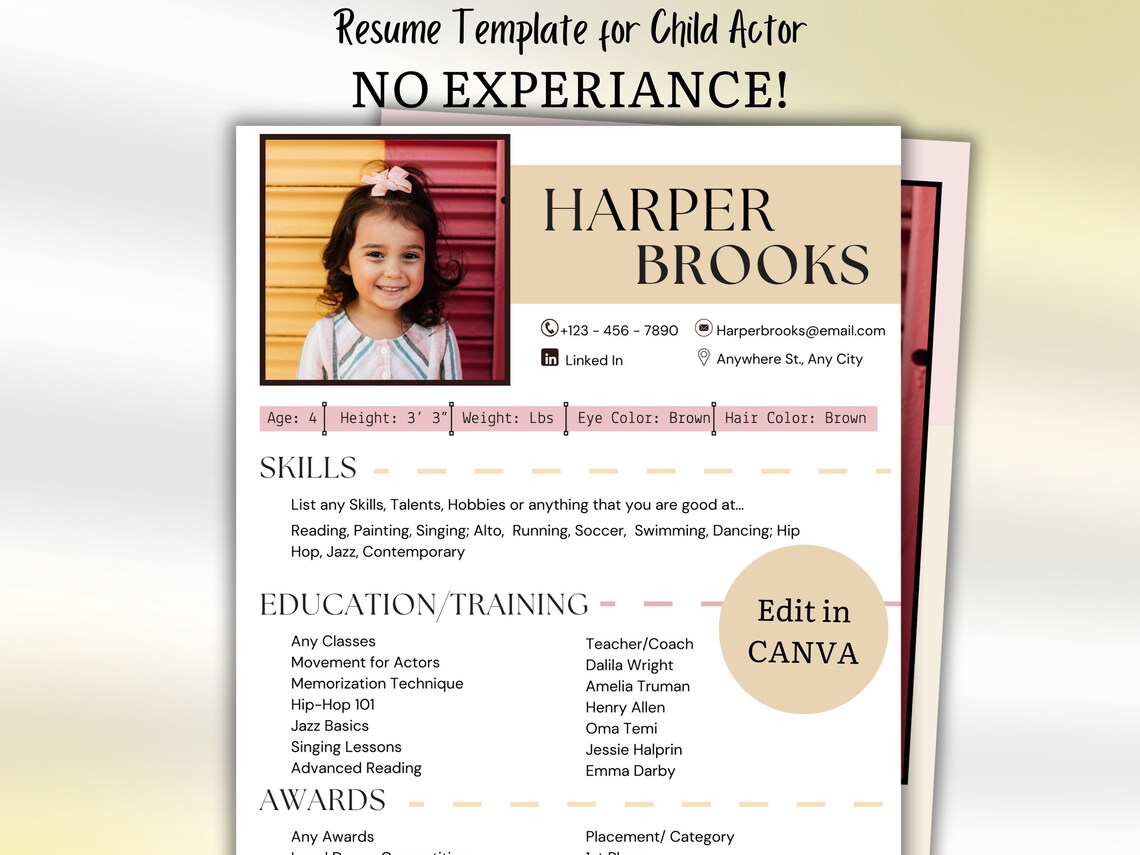 Child Actor Resume Template No Experience Editable Canva CV ...
