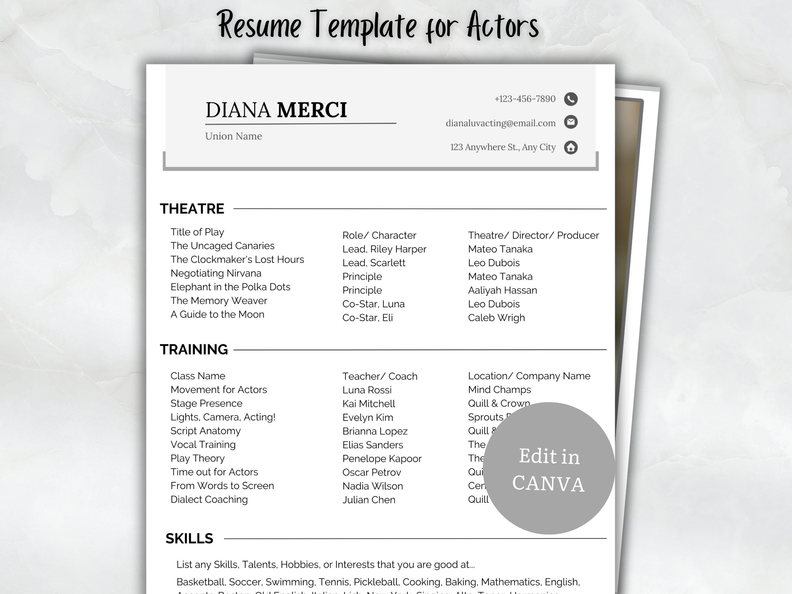 High School Actors Student Resume Template for Auditions Editable in ...