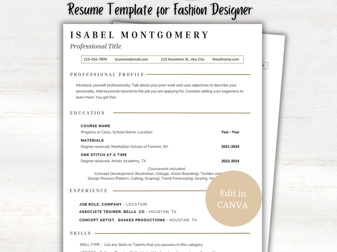 Fashion Designer Resume Template Student Editable Canva CV Professional ...