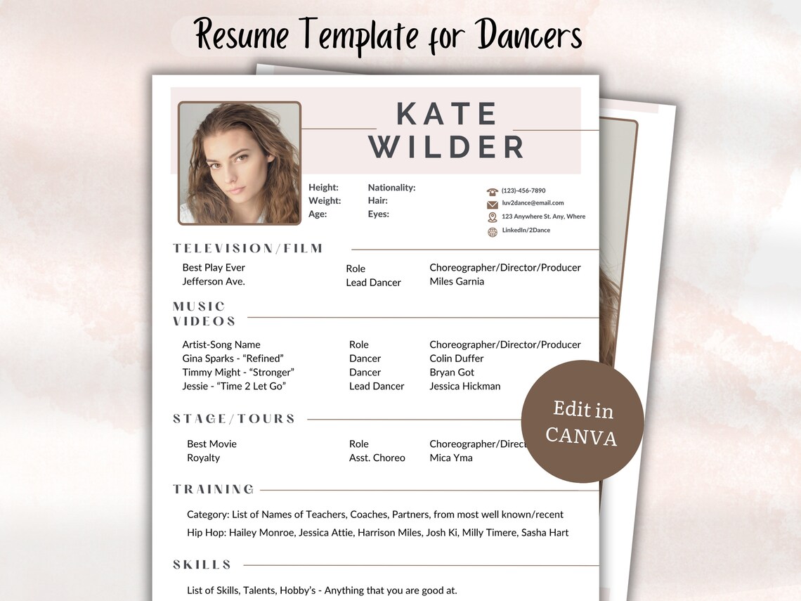 Professional Dancer Resume Template for Auditions Talent Agency ...